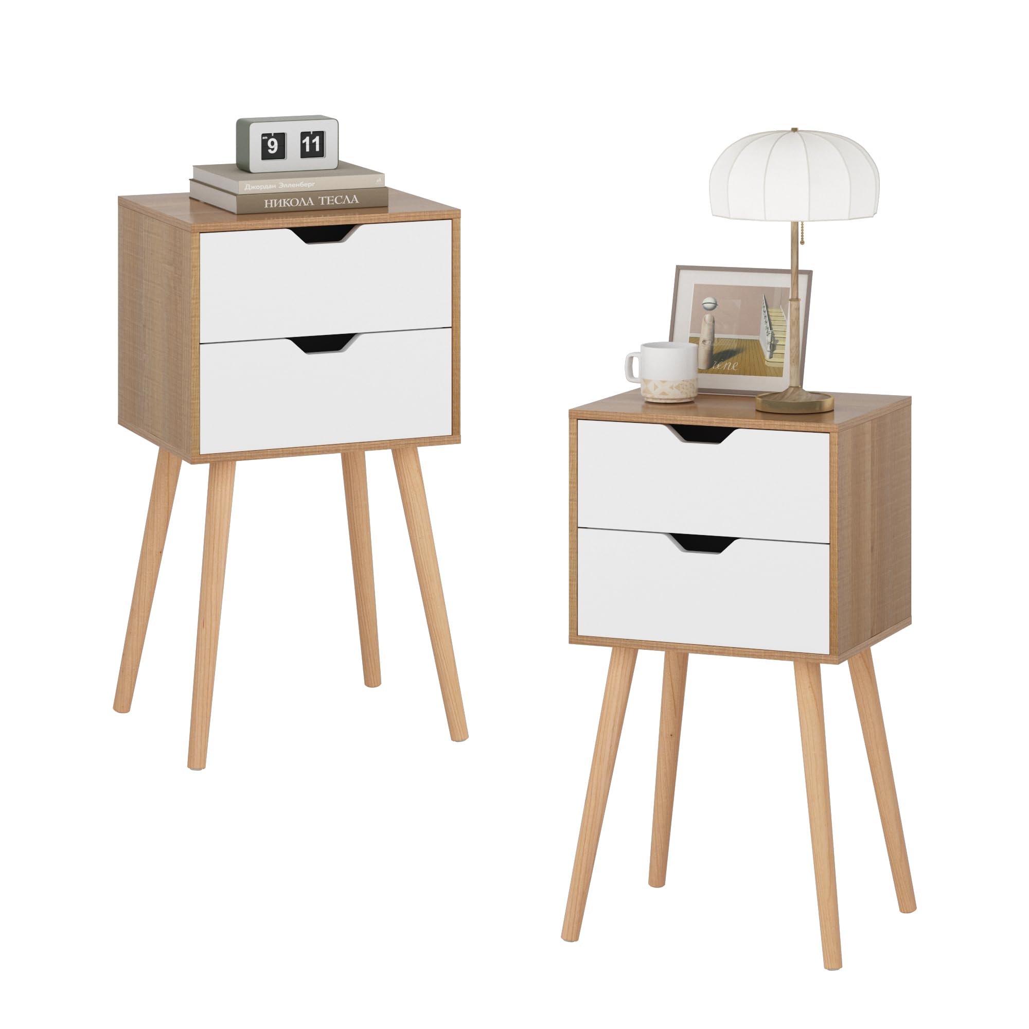 JAXPETY Nightstands Set of 2, Night Stand with Drawers, Bedside Tables with Solid Wood Legs and Large Storage Space, End Table, Side Table, for Bedroom, Natural