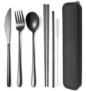 aarainbow 6 pieces 18/8 stainless steel flatware set portable reusable cutlery set travel utensils set including chopsticks knife fork spoon straws cleaning brush dishwasher safe (black)