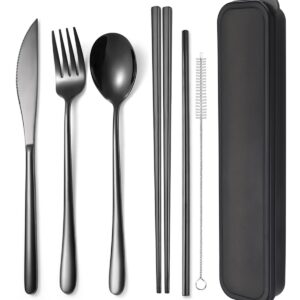 AARAINBOW 6 Pieces 18/8 Stainless Steel Flatware Set Portable Reusable Cutlery Set Travel Utensils Set Including Chopsticks Knife Fork Spoon Straws Cleaning Brush Dishwasher Safe (Black)