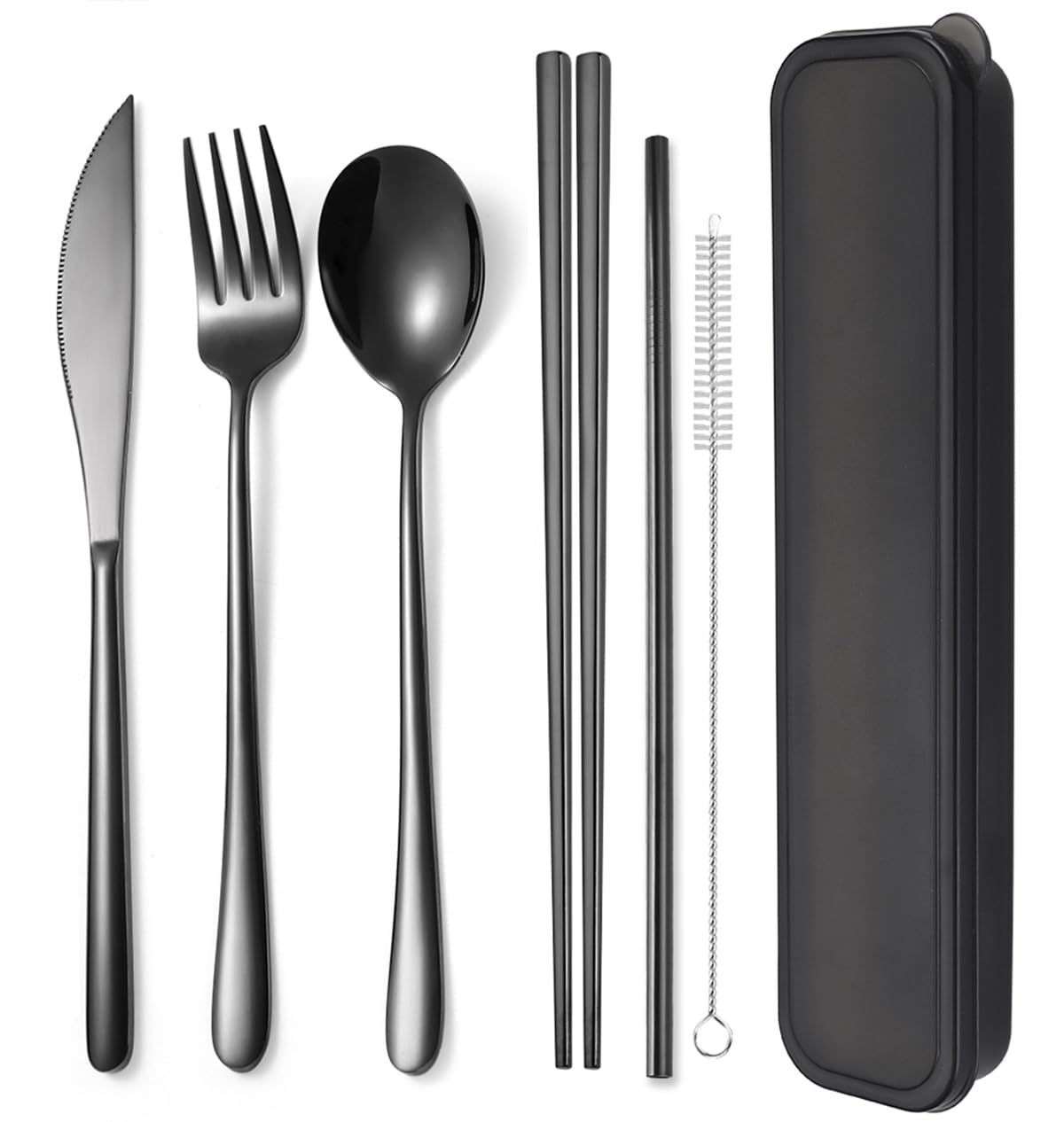 AARAINBOW 6 Pieces 18/8 Stainless Steel Flatware Set Portable Reusable Cutlery Set Travel Utensils Set Including Chopsticks Knife Fork Spoon Straws Cleaning Brush Dishwasher Safe (Black)