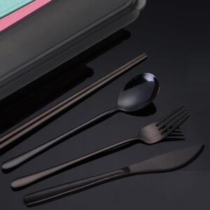 AARAINBOW 6 Pieces 18/8 Stainless Steel Flatware Set Portable Reusable Cutlery Set Travel Utensils Set Including Chopsticks Knife Fork Spoon Straws Cleaning Brush Dishwasher Safe (Black)