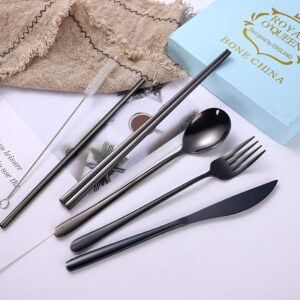 AARAINBOW 6 Pieces 18/8 Stainless Steel Flatware Set Portable Reusable Cutlery Set Travel Utensils Set Including Chopsticks Knife Fork Spoon Straws Cleaning Brush Dishwasher Safe (Black)