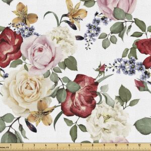 ambesonne shabby flora fabric by the yard summer spring season buds roses lilacs flowers leaves print decorative water resistant material for diy outdoor and indoor furnishing hobby 1 yard pink cream