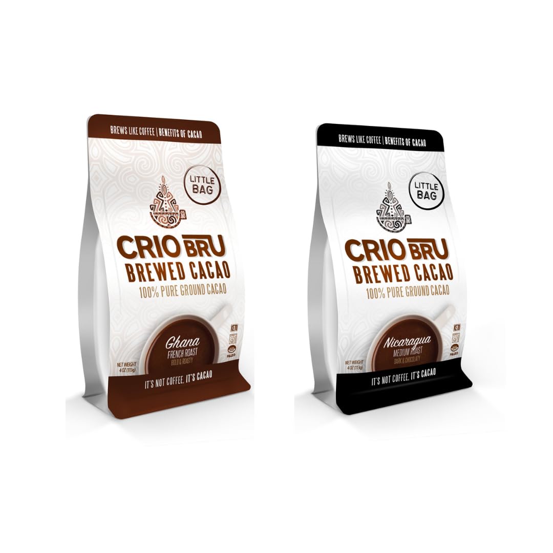 Crio Bru 2 Pack 4 oz Little Bag Ghana Bundle | Organic Healthy Brewed Cacao Drink | Great Substitute to Herbal Tea and Coffee | 99% Caffeine Free Gluten Free Keto Low Calorie Honest Energy