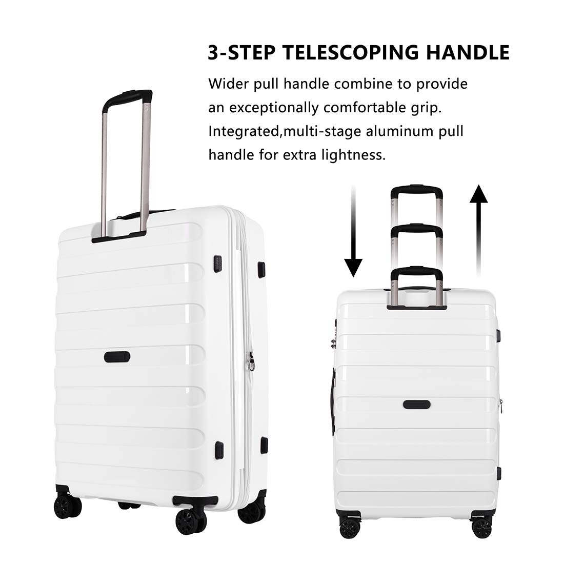 GinzaTravel 3-piece set white color luggage with scratch-resistant PP material, expandable(（all 20 24 28), Super light, thickened, large-capacity double seal suitcase