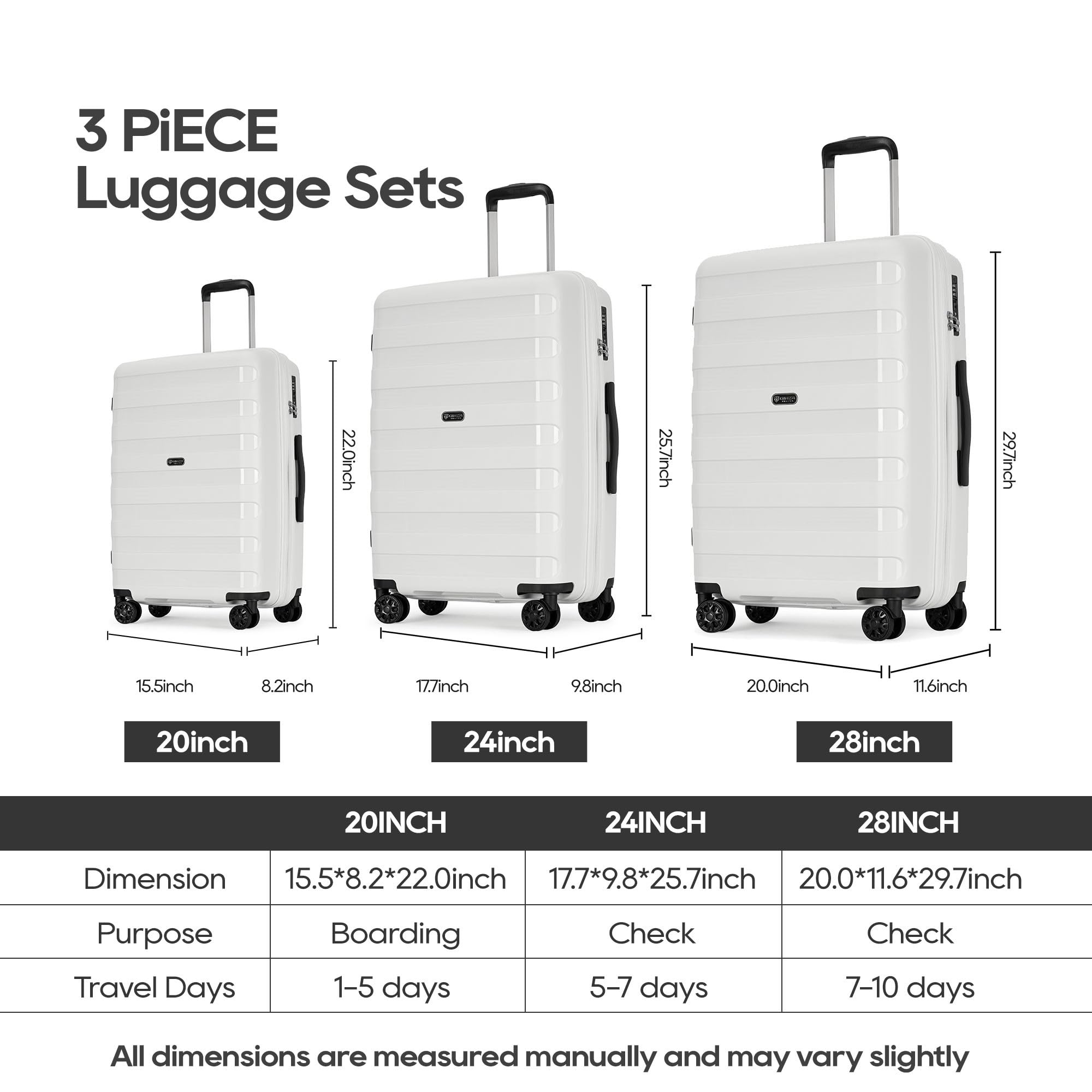 GinzaTravel 3-piece set white color luggage with scratch-resistant PP material, expandable(（all 20 24 28), Super light, thickened, large-capacity double seal suitcase