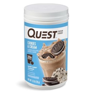 quest nutrition cookies & cream protein powder; 20g protein; 1g sugar; low carb; gluten free; 1.6 pound; 22 servings