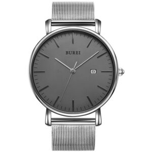 burei men's fashion minimalist wrist watch waterproof watches simple ultra thin watches analog quartz date with stainless steel mesh band (gray silver)