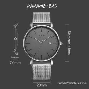 BUREI Men's Fashion Minimalist Wrist Watch Waterproof Watches Simple Ultra Thin Watches Analog Quartz Date with Stainless Steel Mesh Band (Gray Silver)