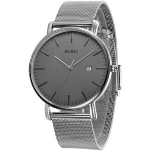 BUREI Men's Fashion Minimalist Wrist Watch Waterproof Watches Simple Ultra Thin Watches Analog Quartz Date with Stainless Steel Mesh Band (Gray Silver)