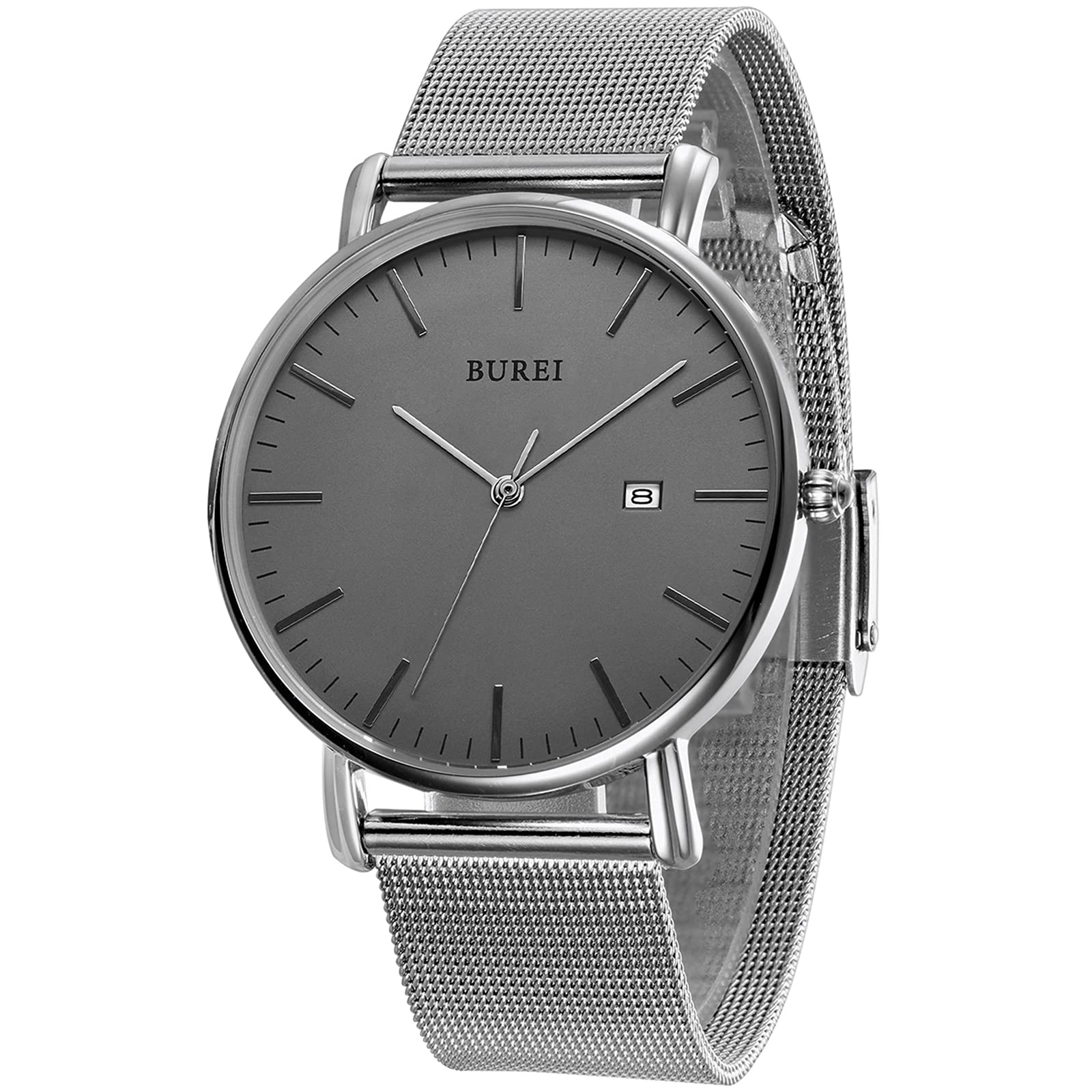 BUREI Men's Fashion Minimalist Wrist Watch Waterproof Watches Simple Ultra Thin Watches Analog Quartz Date with Stainless Steel Mesh Band (Gray Silver)