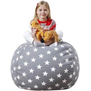 aubliss stuffed animal bean bag storage chair, beanbag covers only for organizing plush toys, turns into bean bag seat for kids when filled, medium 32"-canvas stars grey