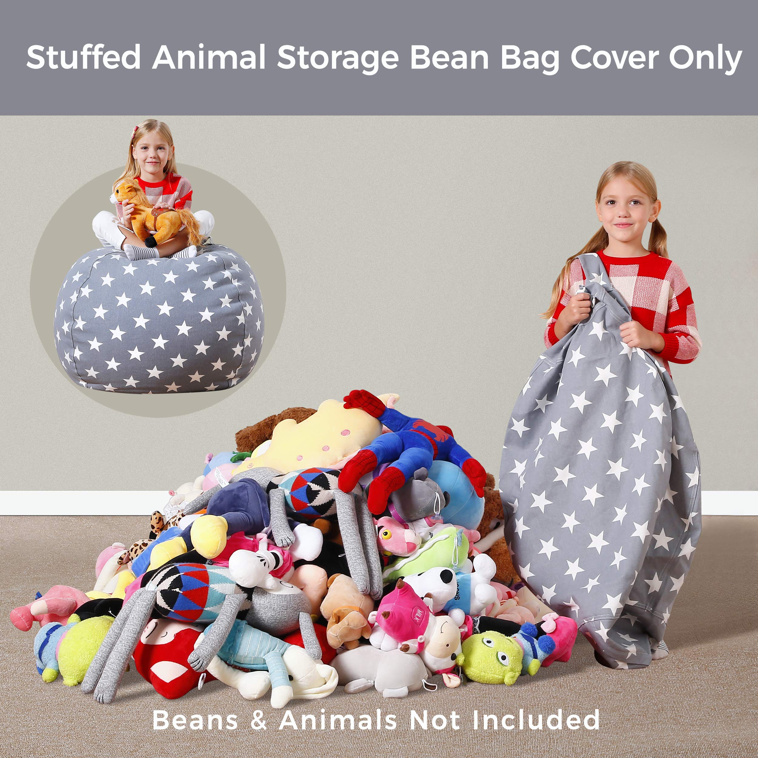 Aubliss Stuffed Animal Bean Bag Storage Chair, Beanbag Covers Only for Organizing Plush Toys, Turns into Bean Bag Seat for Kids When Filled, Medium 32"-Canvas Stars Grey