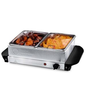 ovente electric buffet server and food warmer with temperature control perfect for parties, dinners and entertaining, two 1.5 quart chafing dish set with stainless steel warming tray, silver fw152s