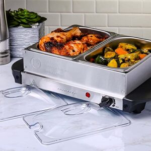 OVENTE Electric Buffet Server and Food Warmer with Temperature Control Perfect for Parties, Dinners and Entertaining, Two 1.5 Quart Chafing Dish Set with Stainless Steel Warming Tray, Silver FW152S