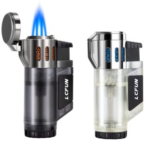 lcfun torch lighter 2 pack refillable butane lighter triple jet lighter fluid gas lighter 3 flame windproof lighters for camping, candle-butane not included (black & silver)