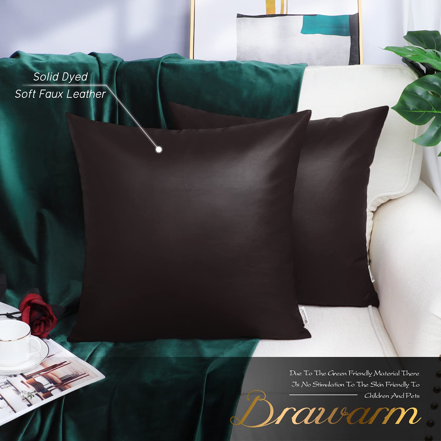 BRAWARM Faux Leather Throw Pillow Covers 18 X 18 Inches - Seal Brown Leather Pilow Covers Pack of 2, Solid Dyed Leather Pillowcases for Couch Bed Sofa Garden Home Decorative