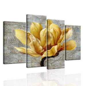 biuteawal - 4 panel floral wall art elegant yellow flower on abstract background painting canvas print still life artwork for modern home kitchen living room bedroom wall decoration easy hanging