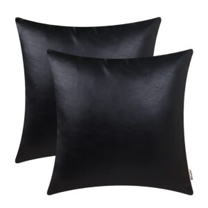 brawarm faux leather throw pillow covers 18 x 18 inches - black leather pilow covers pack of 2, solid dyed leather pillowcases for couch bed sofa garden home decorative