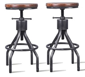 lokkhan set of 2 industrial bar stool-vintage adjustable round wood metal swivel bar stool-cast iron-23-30 inch tall counter bar height farmhouse kitchen stools