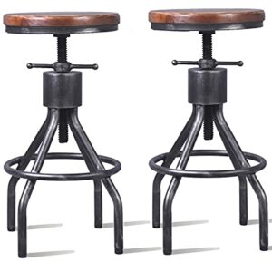 LOKKHAN Set of 2 Industrial Bar Stool-Vintage Adjustable Round Wood Metal Swivel Bar Stool-Cast Iron-23-30 Inch Tall Counter Bar Height Farmhouse Kitchen Stools