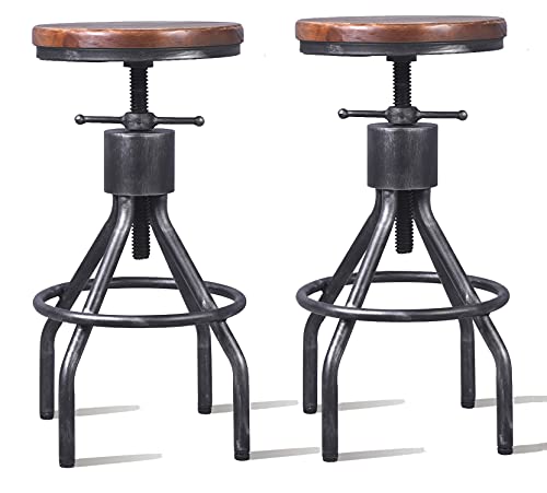 LOKKHAN Set of 2 Industrial Bar Stool-Vintage Adjustable Round Wood Metal Swivel Bar Stool-Cast Iron-23-30 Inch Tall Counter Bar Height Farmhouse Kitchen Stools