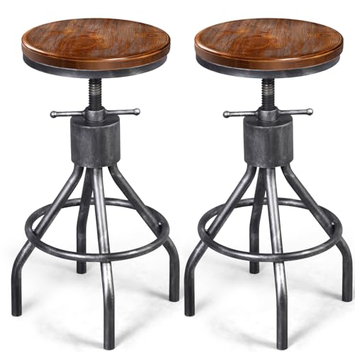 LOKKHAN Set of 2 Industrial Bar Stool-Vintage Adjustable Round Wood Metal Swivel Bar Stool-Cast Iron-23-30 Inch Tall Counter Bar Height Farmhouse Kitchen Stools