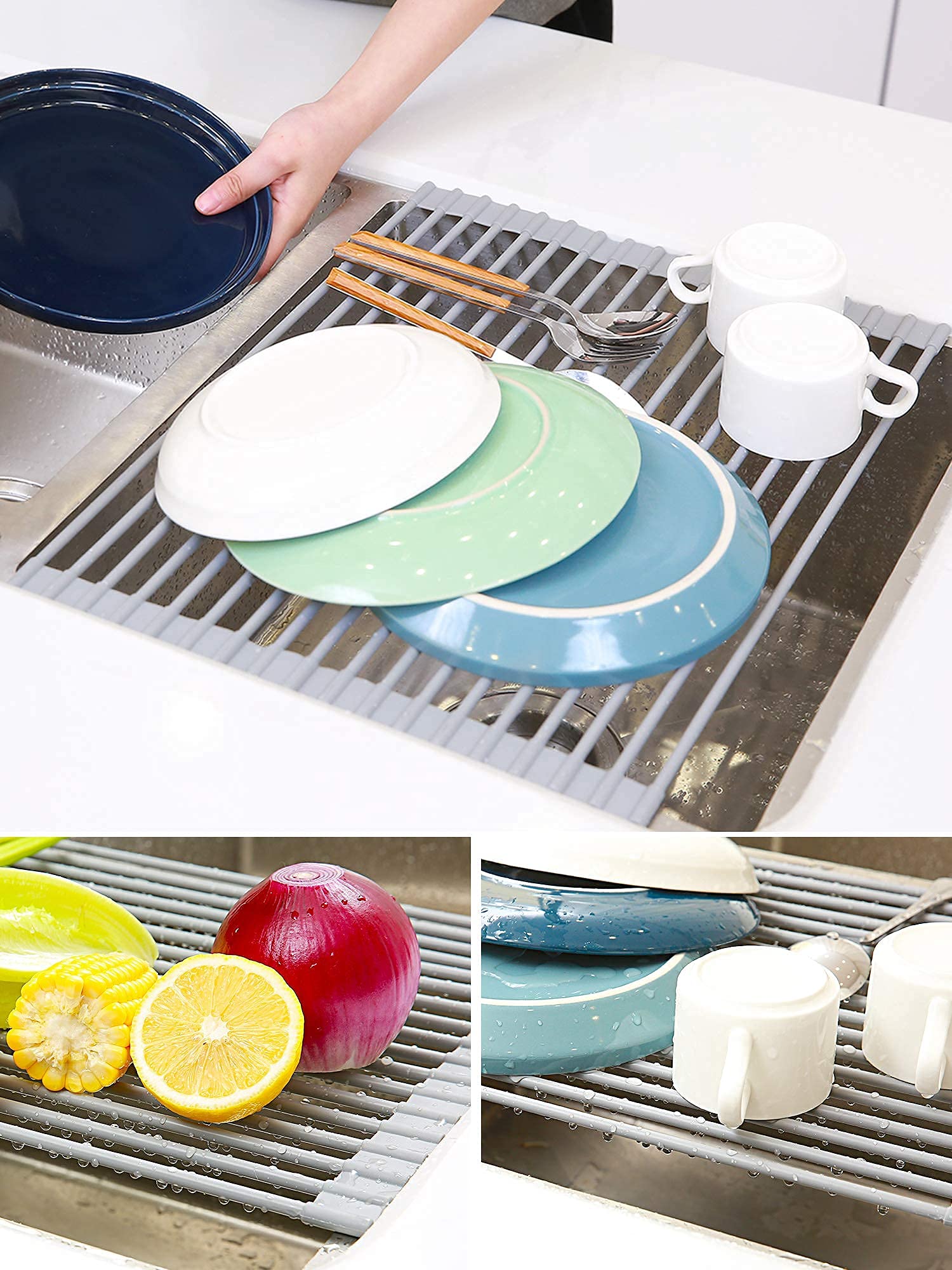 Ohuhu Roll Up Dish Drying Rack, Over The Sink Multipurpose Roll-Up Dish Racks, 17" L x 13" W Rolling Heat-Resistant Anti-Slip Silicone Coated Dish Drainer Portable Foldable for Kitchen Counter