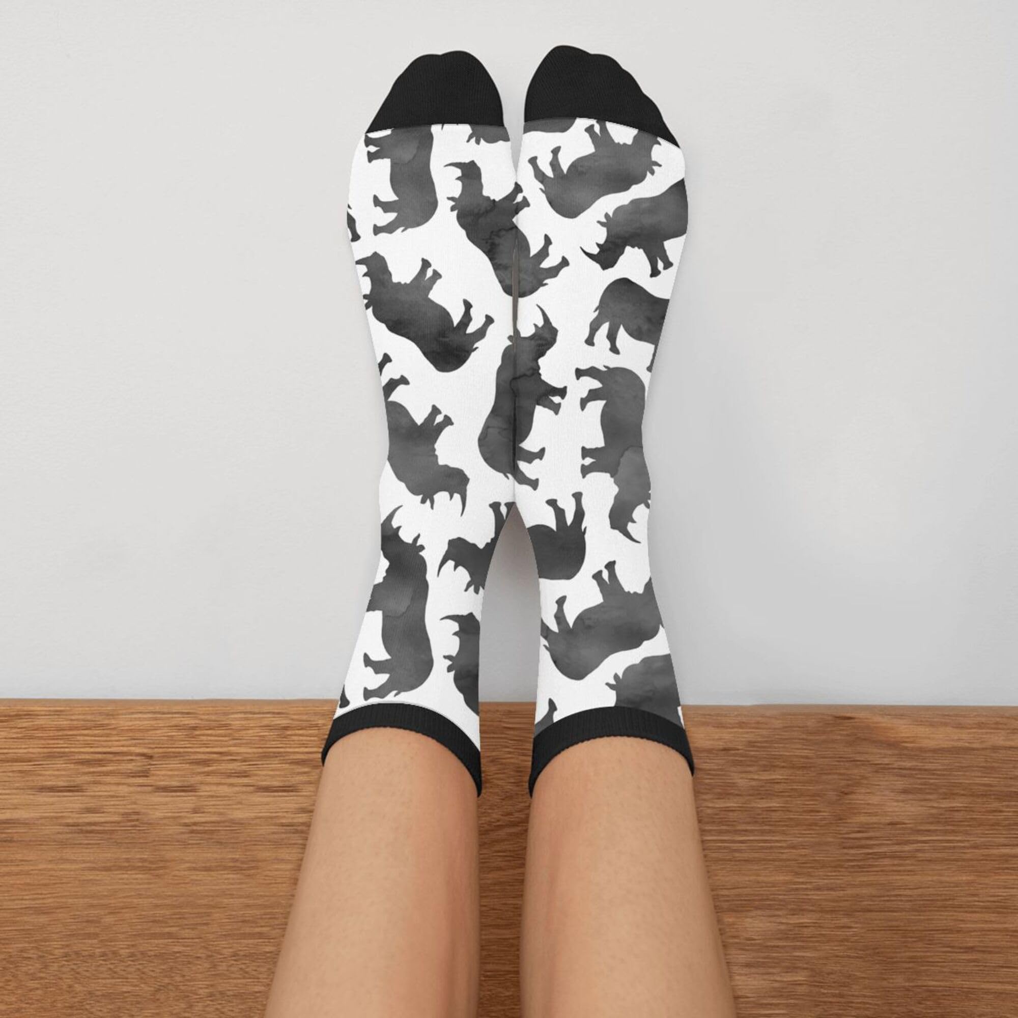 Unisex Fun Novelty Crazy Crew Socks Tiny Watercolor Rhinos Monochrome Dress Socks