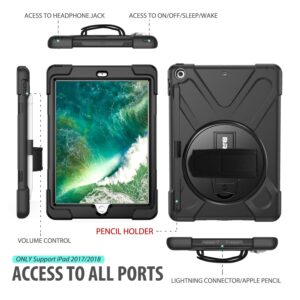 BRAECN iPad Case 6th/5th Generation,iPad 9.7 2018/2017 Case-Heavy Duty Shockproof Rugged Case with Pencil Holder,Shoulder Strap & Rotating Hand Strap/Stand for iPad Case A1893/A1954/A1822/A1823 -Black