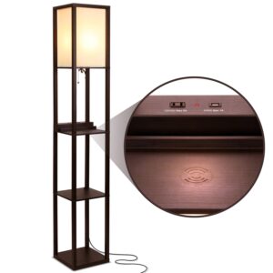 brightech maxwell – modern shelf floor lamp with usb ports, wireless charging & outlet – versatile corner display and lamp with shelves, storage solution for living room, office, bedroom