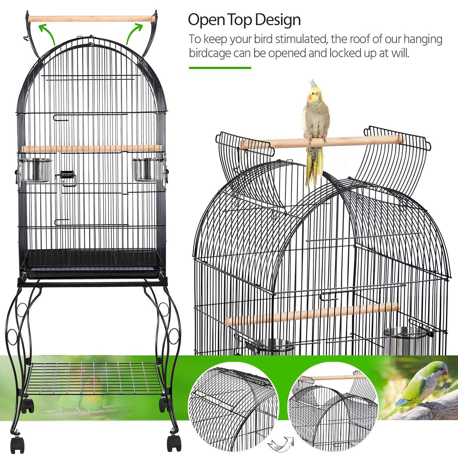 Yaheetech 59-Inch Rolling Standing Medium Dome Open Top Bird Cage for Parrots Cockatiels Sun Conures Parakeets Lovebirds Budgies Finches Canary Pet Bird Cage with Removable Stand