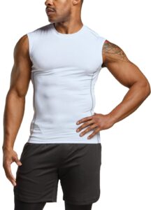 tsla men's sleeveless workout shirts, dry fit running compression cutoff shirts, athletic training tank top, active top white, large