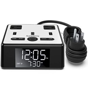 digital alarm clock with 3 usb charger, superdanny desk charging station 2 ac outlets, 6.5ft cord, power strip surge protector 1700j, lcd display, easy alarm setting for bedroom dorm room hotel