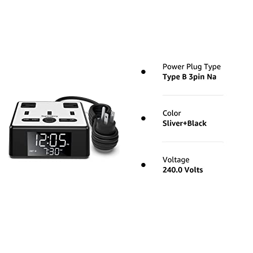 Digital Alarm Clock with 3 USB Charger, SUPERDANNY Desk Charging Station 2 AC Outlets, 6.5ft Cord, Power Strip Surge Protector 1700J, LCD Display, Easy Alarm Setting for Bedroom Dorm Room Hotel