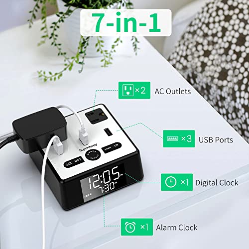 Digital Alarm Clock with 3 USB Charger, SUPERDANNY Desk Charging Station 2 AC Outlets, 6.5ft Cord, Power Strip Surge Protector 1700J, LCD Display, Easy Alarm Setting for Bedroom Dorm Room Hotel