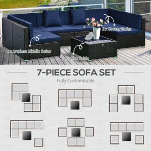 Outsunny 7-Piece Patio Furniture Sets Outdoor Wicker Conversation Sets All Weather PE Rattan Sectional Sofa Set with Cushions & Tempered Glass Desktop, Dark Blue