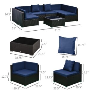 Outsunny 7-Piece Patio Furniture Sets Outdoor Wicker Conversation Sets All Weather PE Rattan Sectional Sofa Set with Cushions & Tempered Glass Desktop, Dark Blue