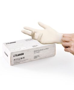 lanon 5 mil latex disposable gloves, food-contact grade, powder-free, fully textured, white, small