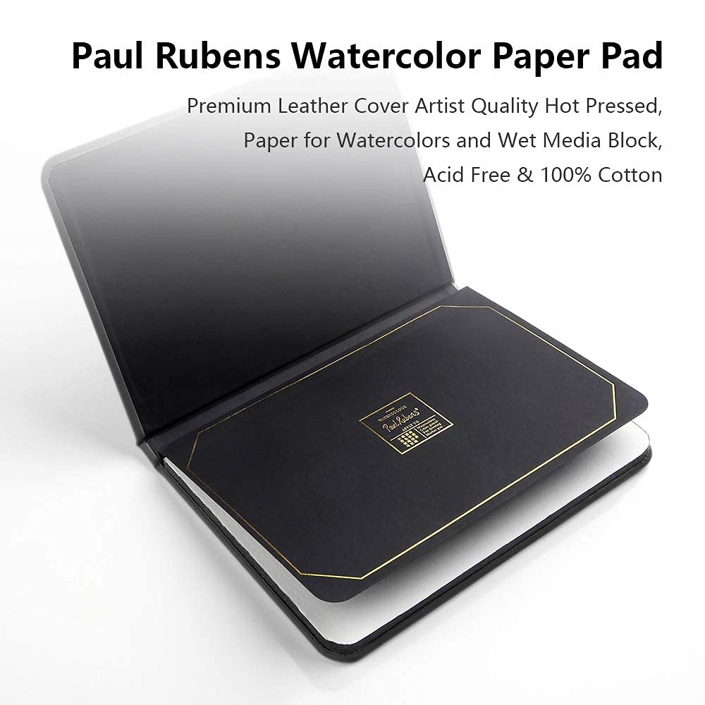 Paul Rubens Watercolor Paper Block, Premium Leather Cover Artist Quality Hot Pressed Paper for Watercolors and Wet Media Block, 100 Percent Cotton, 7.68 x 5.31 inches, 140lb, 20 Sheets (Black)