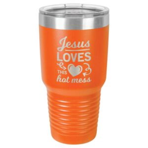 jesus loves this hot mess orange 30 oz tumbler with straw and slide top lid | stainless steel travel mug | compare to yeti rambler