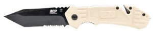 smith & wesson m&p fde 8.2in high carbon s.s. spring assisted folding knife with 8in serrated tanto blade and rubberized handle for outdoor survival and edc, one size