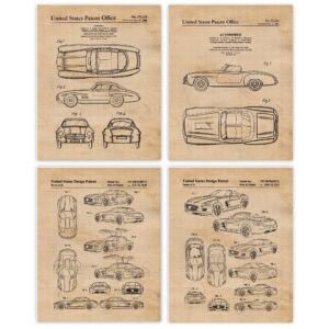 vintage mercedes auto patent prints, 4 (8x10) unframed photos, wall art decor gifts for home office gears garage shop engineer school college student teacher coach f1 amg racing team championship fans