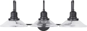 austin allen 9d318a roan urban/industrial clear glass wide cone bath vanity wall mount light fixture, 3-light 300 total watts, 11" h x 30" w, matte black