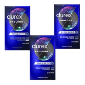 durex prolong condoms, ultra fine, ribbed, dotted with delay lubricant natural rubber latex condoms for men, fsa & hsa eligible, 12 count (pack of 3)