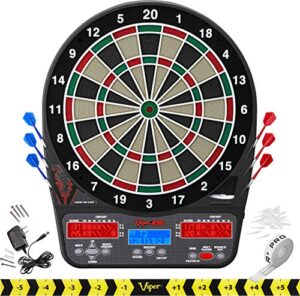 viper 850 electronic dartboard, ultra bright triple score display, 50 games with 470 scoring variations, regulation size target-tested-tough segments made from high grade nylon, includes 6 darts,black