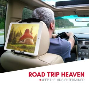 Macally Car Headrest Mount for Kids - Tablet Holder for Car Back Seat - iPad Holder for Car Backseat Rear Facing with Anti Slip Strap and Adjustable Case