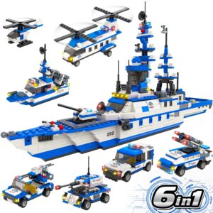 wishalife 1169 pieces city police station building kit, 6 in 1 military battleship building toy, with police cars, boat, airplane, best stem construction toy gift for boys and girls 6-12