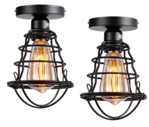 asnxcju vintage semi flush mount ceiling light, industrial black metal cage farmhouse ceiling light fixture for hallway porch stairway bedroom kitchen 2 pack, e26 base, ul listed