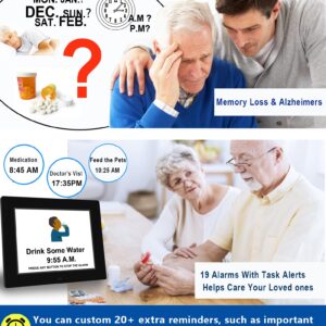 【Upgraded】 Dementia Clock 2.0 with Auto DST, Large 8" Display, 19 Alarms, DIY Custom Reminders,10 Auto-Dim Options, Non-Abbreviated Digital Clock for Elderly, Memory Function (8 Inch with Remote)